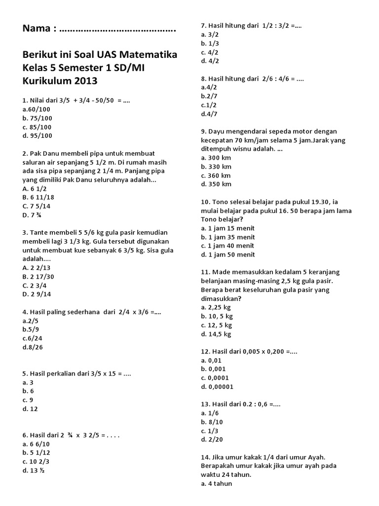 Matematika Kelas 5 Semester 1 | PDF