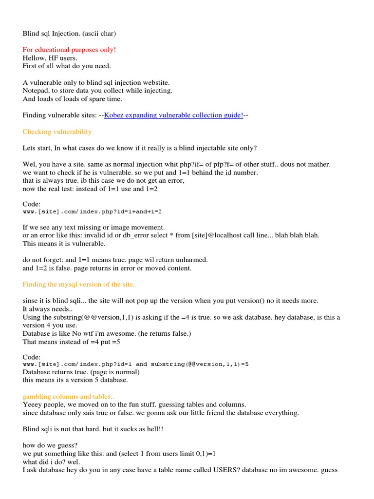 Blind SQL Injection | PDF | Password | Information Retrieval