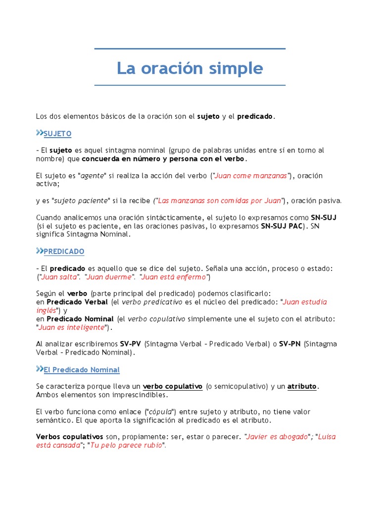 La Oración Simple | PDF | Predicado (Gramática) | Verbo