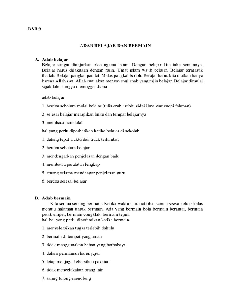 Aqidah Akhlak (Bab 9 Adab Belajar Dan Bermain) | PDF