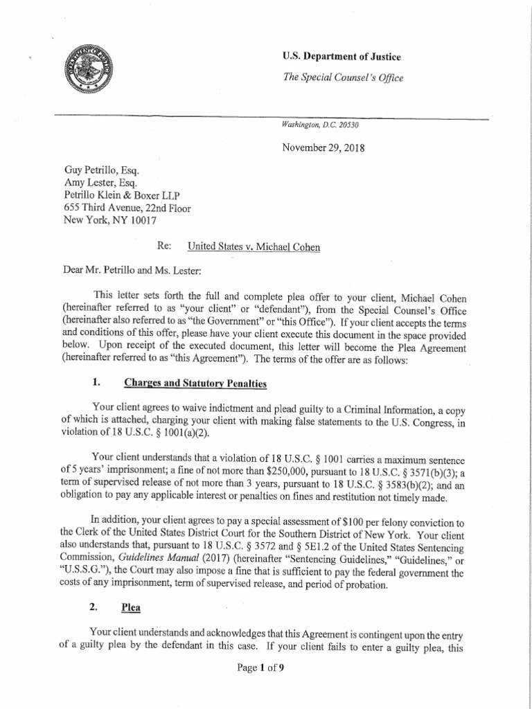 Cohen Plea Agreement | PDF
