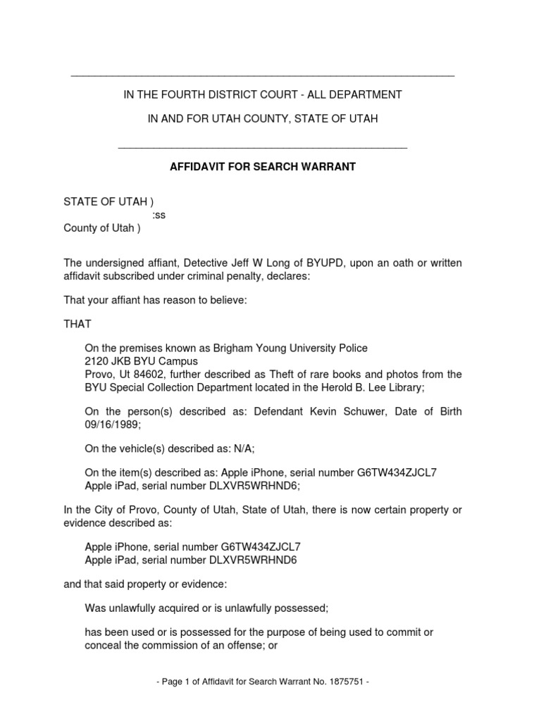BYU PD Search Warrant Return | Affidavit | Search Warrant | Free 30-day ...