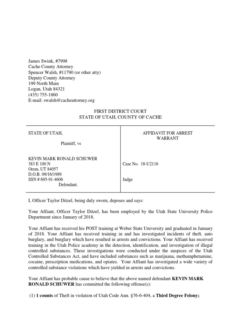 Kevin Schuwer Affidavit For Arrest Warrant | PDF | Arrest Warrant | Burglary