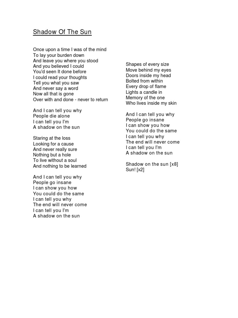 Lyric Shadow of The Sun. by Audioslave | PDF | Art