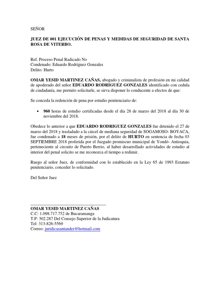 Solicitud Redencion de Pena | PDF Solicitud Redencion de Pena | PDF