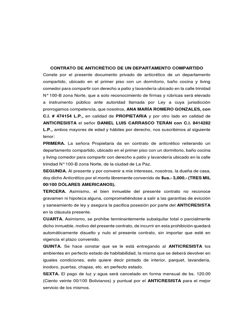 Contrato de Anticrético de Un Departamento Compartido | Gobierno | Política