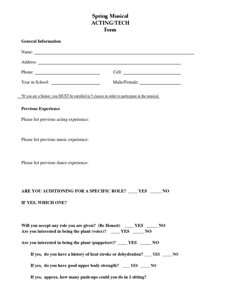 Spring Musical Audition & Crew Form | PDF | Audition