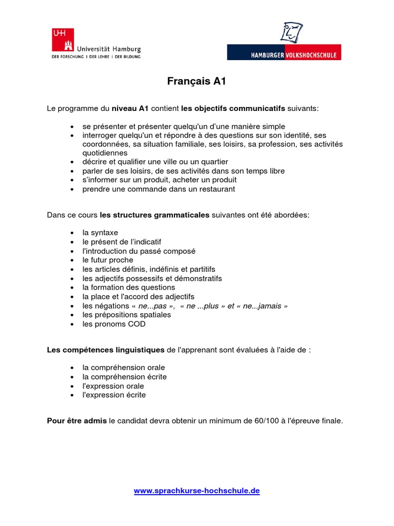 Programme de cours de Français A1 | PDF | Pronom | Langue française
