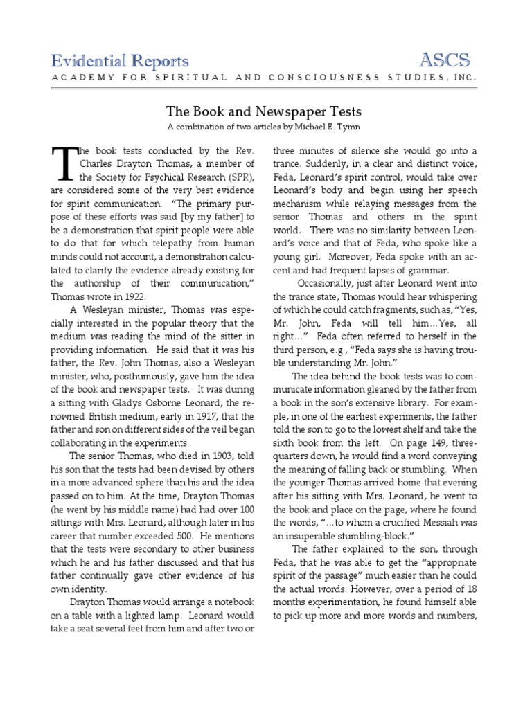 Evidential Reports: The Book and Newspaper Tests | PDF | Mediumship ...