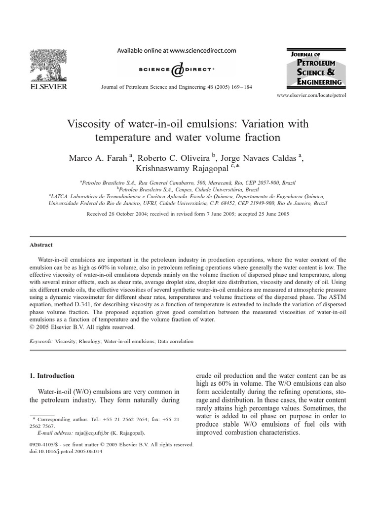 Viscosity of Water-In-oil Emulsions - Variation With, Temperature and ...
