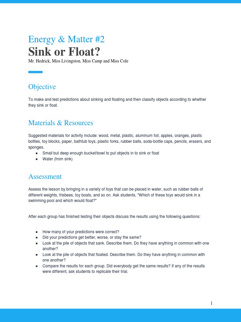 Sink or Float Activity Guide | PDF | Language Arts & Discipline | Wellness