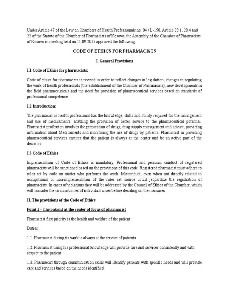 Kosovo Pharmacists' Code of Ethics | PDF | Pharmacy | Health Professional