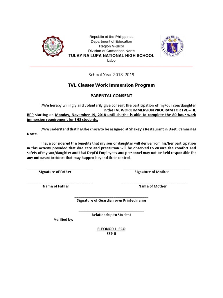 Parent Consent for Work Immersion Program | PDF