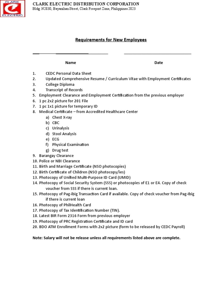 New Employee Requirements List | PDF