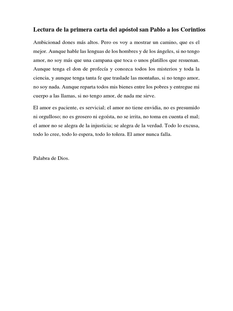 Lectura de La Primera Carta Del Apóstol San Pablo A Los Corintios | PDF | Amor | Comportamiento ...