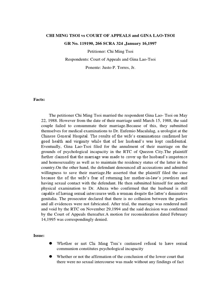 Chi Ming Tsoi Vs Court of Appeals and Gina Lao | PDF | Marriage | Virtue