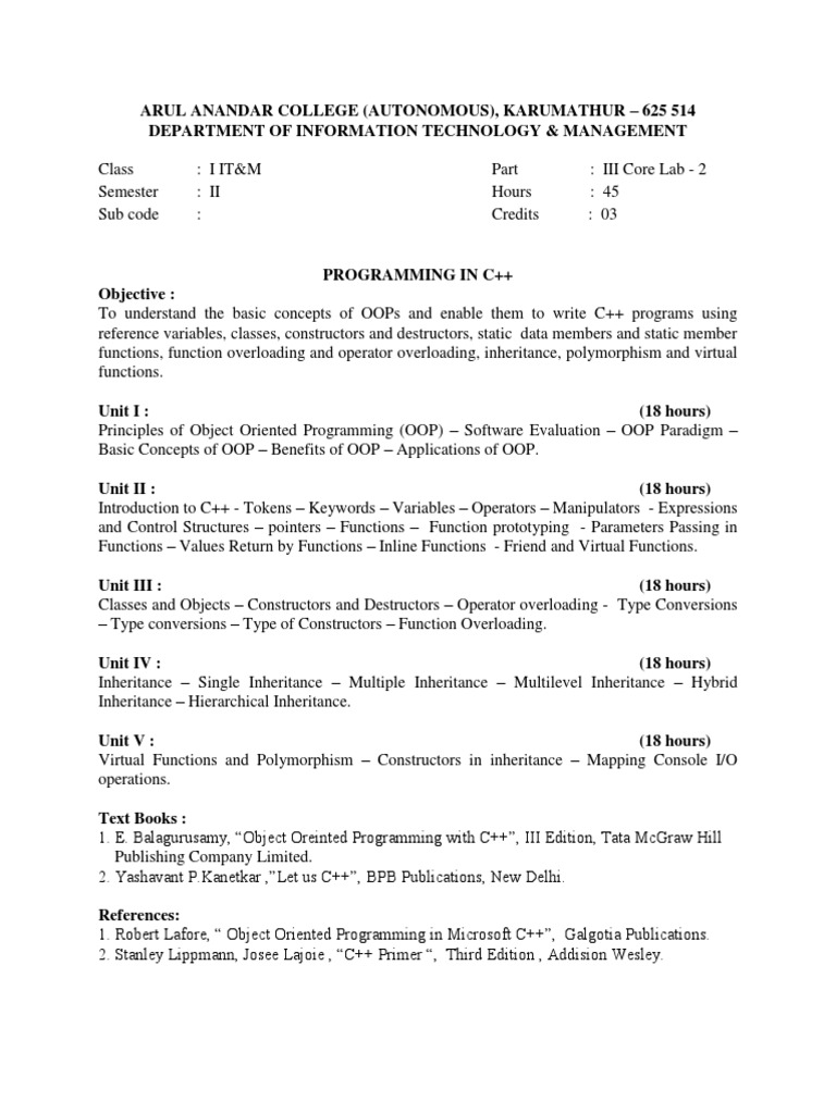 C++ Syllabus | PDF | C++ | Object Oriented Programming