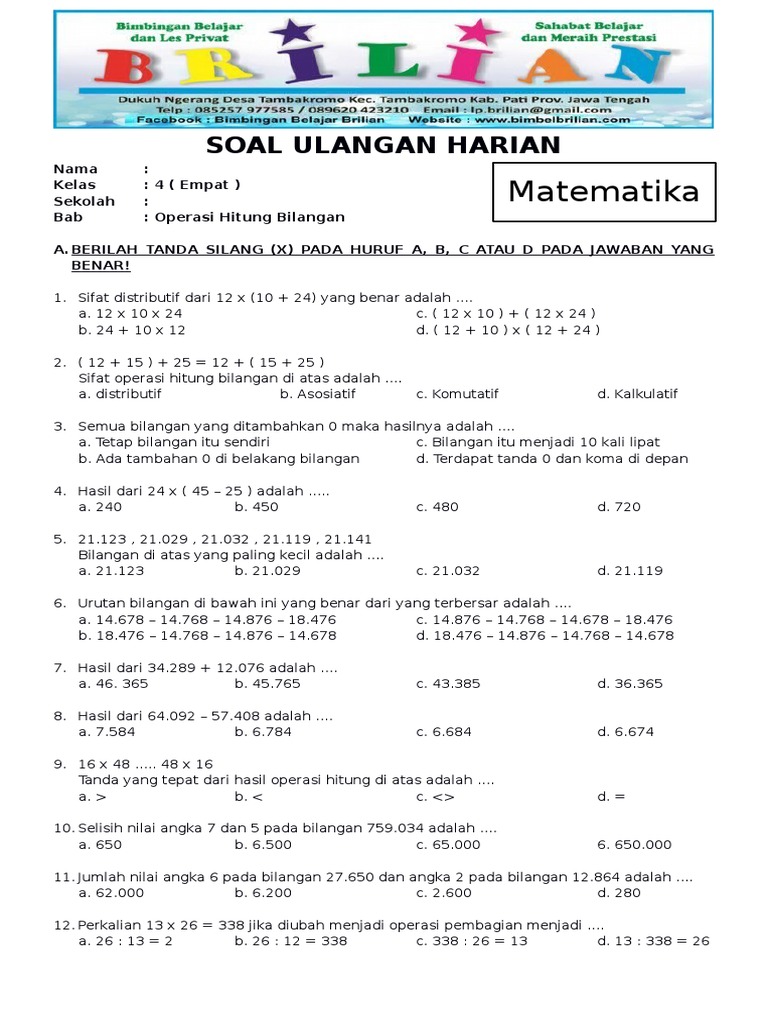 Soal Matematika Kelas 4 SD Bab 1 Operasi Hitung Bilangan Dan Kunci Jawaban | PDF