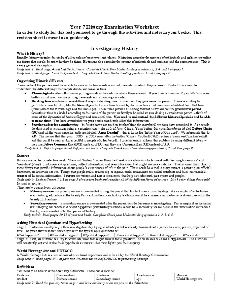 Year 7 History Examination Worksheet | PDF | Anno Domini | Ancient Egypt