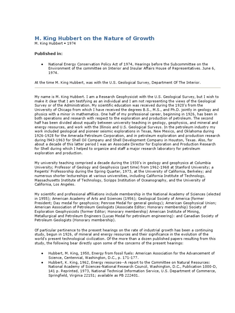 DR M. King Hubbert On The Nature of Growth 1974 Congressional Testimony ...