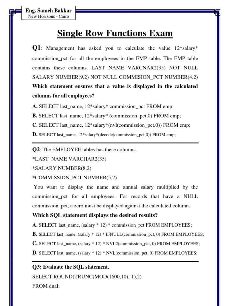 Single Row Functions Exam: SELECT Last - Name, (Salary 12) Commission - PCT FROM EMPLOYEES | PDF ...