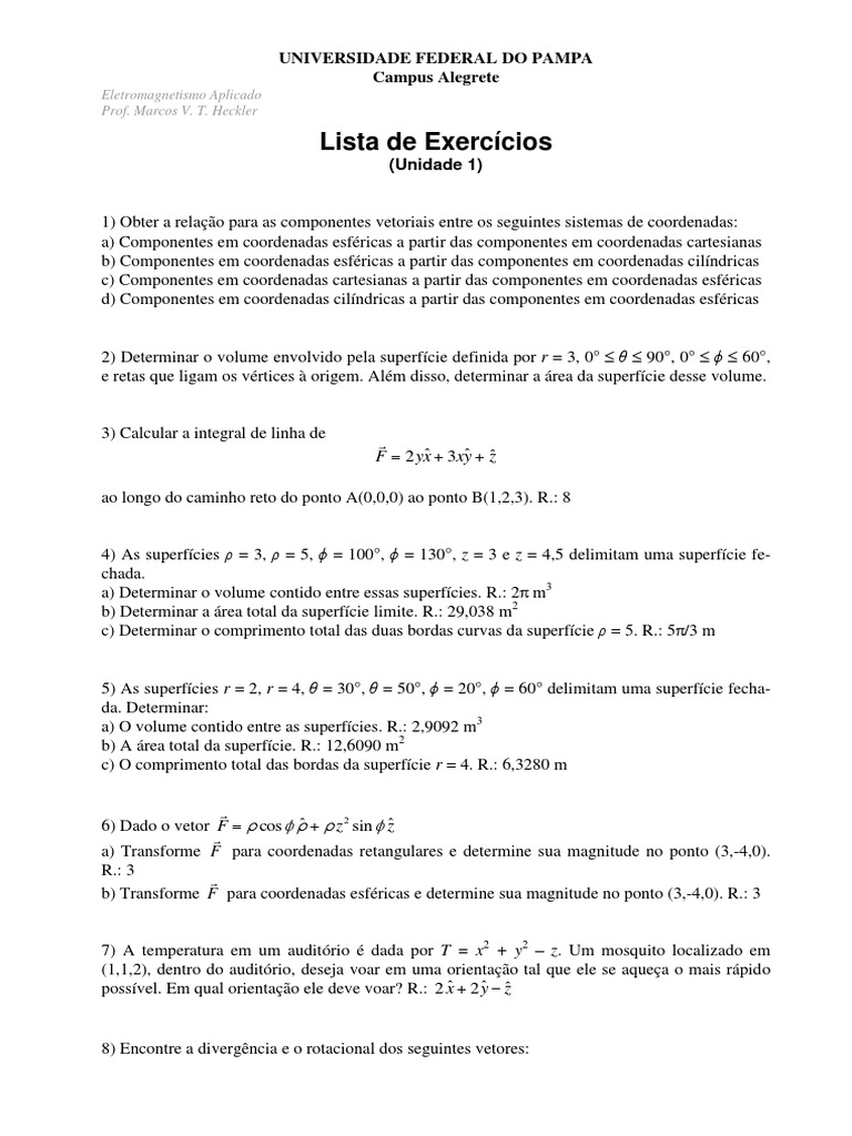Eletromag Apl Lista de Exercícios 1 | PDF | Sistema de coordenadas | Vetor euclidiano