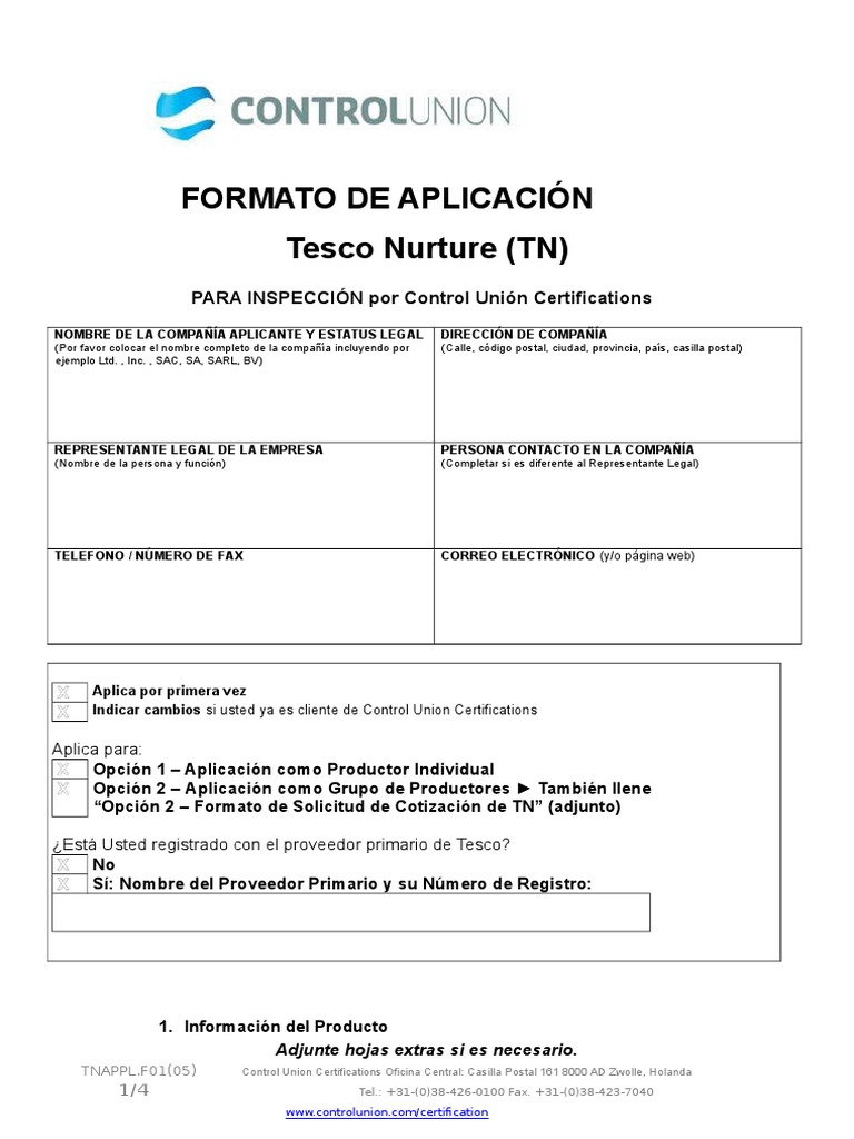 Formato De Aplicación Tesco Nurture (TN): PARA INSPECCIÓN por Control ...