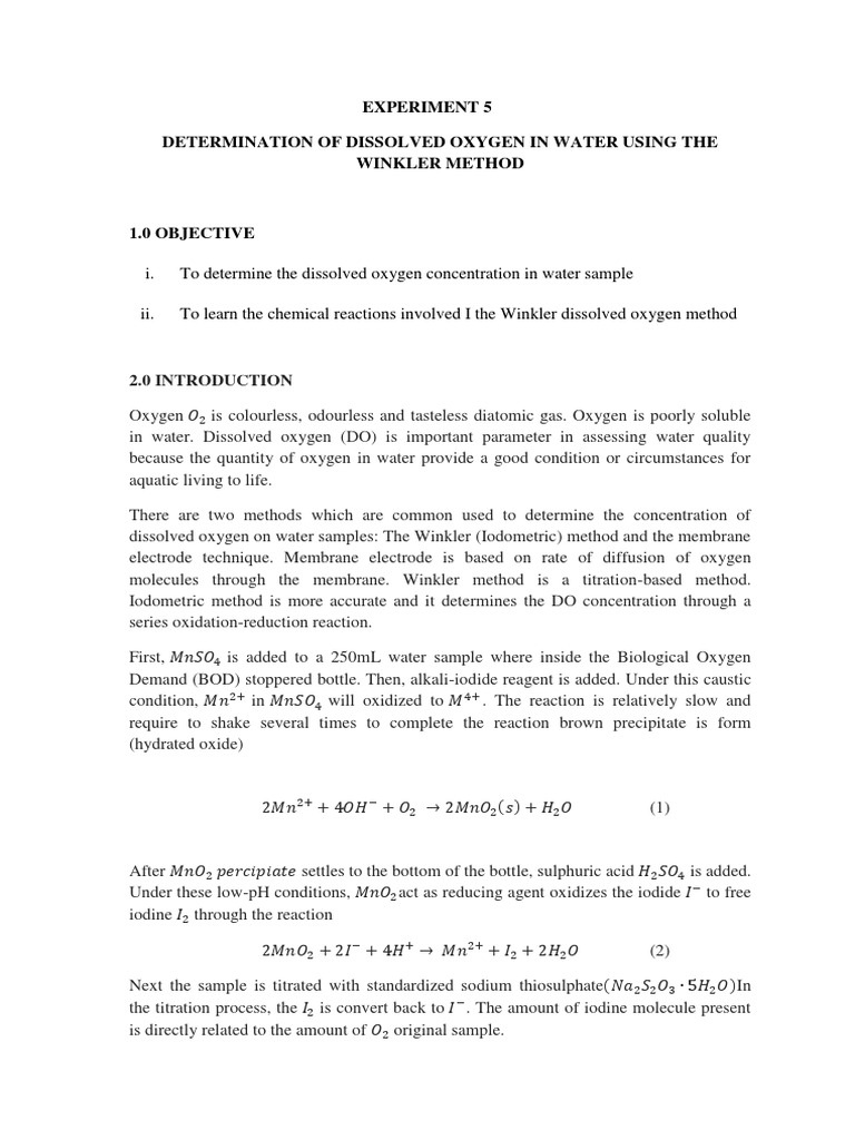 Determination Of Dissolved Using Wrinkler Method Pdf Titration Chemistry