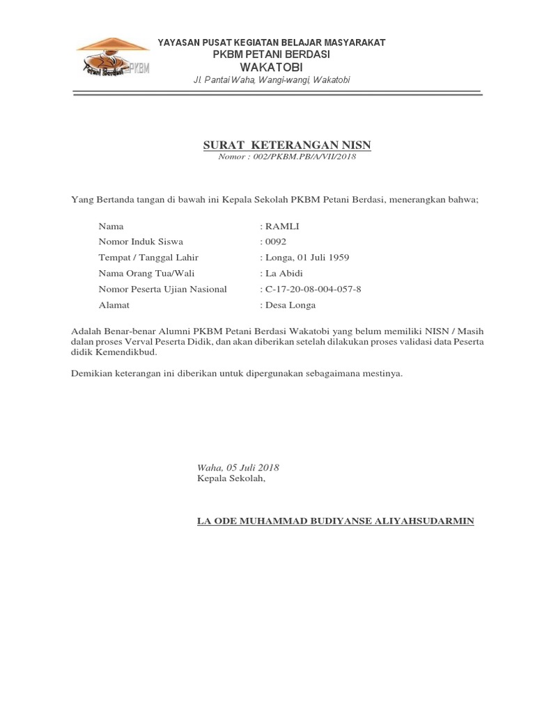 Surat Keterangan Nisn 2 | PDF