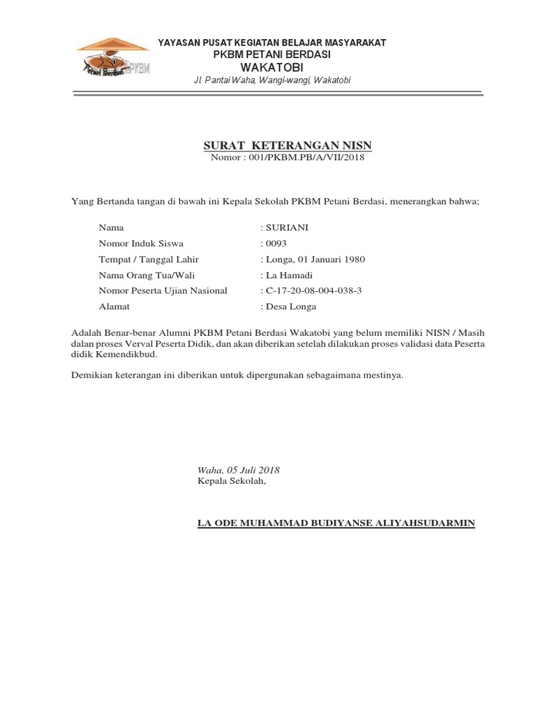 Surat Keterangan Nisn 1 | PDF