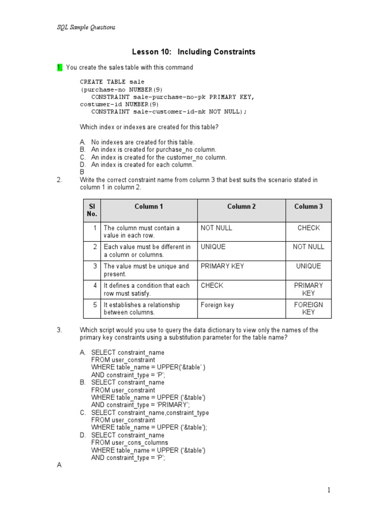 Lesson 10: Including Constraints: SQL Sample Questions | PDF ...