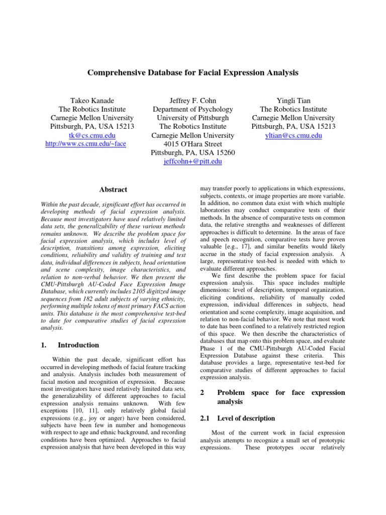 Comprehensive Database For Facial Expression Analysis: Tk@cs - Cmu.edu ...