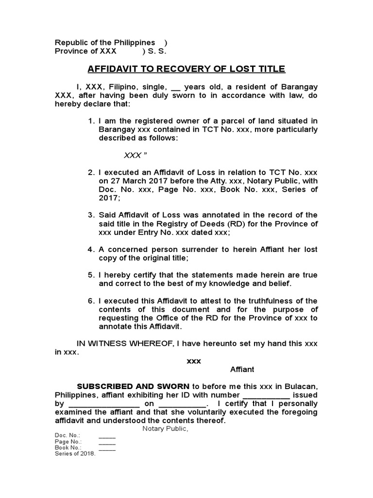 Affidavit to Recovery of Lost Title_XXX
