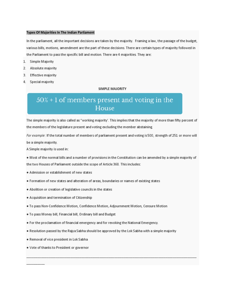 Types of Majorities in The Indian Parliament: Simple Majority | PDF ...