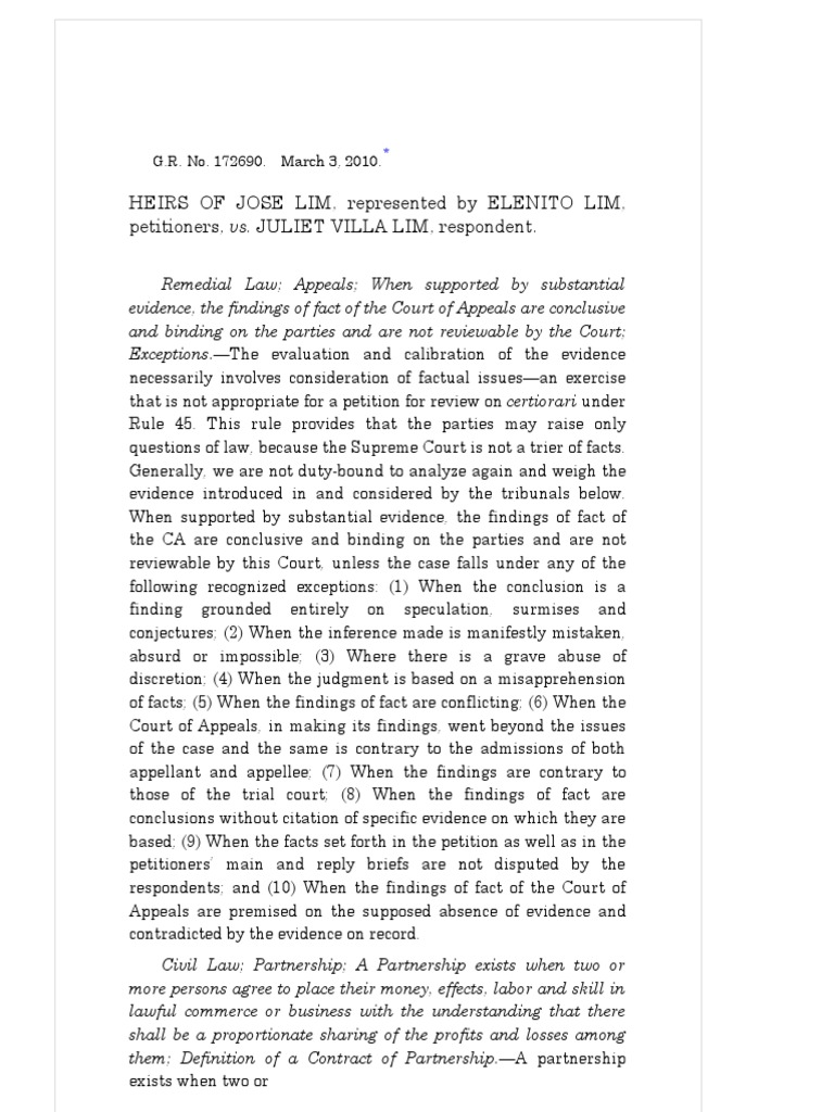 Heirs of Jose Lim vs. Lim | PDF | Burden Of Proof (Law) | Partnership
