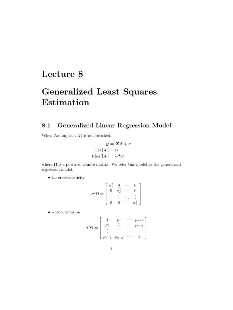 Generalized Least Squares Estimation: 8.1 Generalized Linear Regression Model | PDF | Ordinary ...