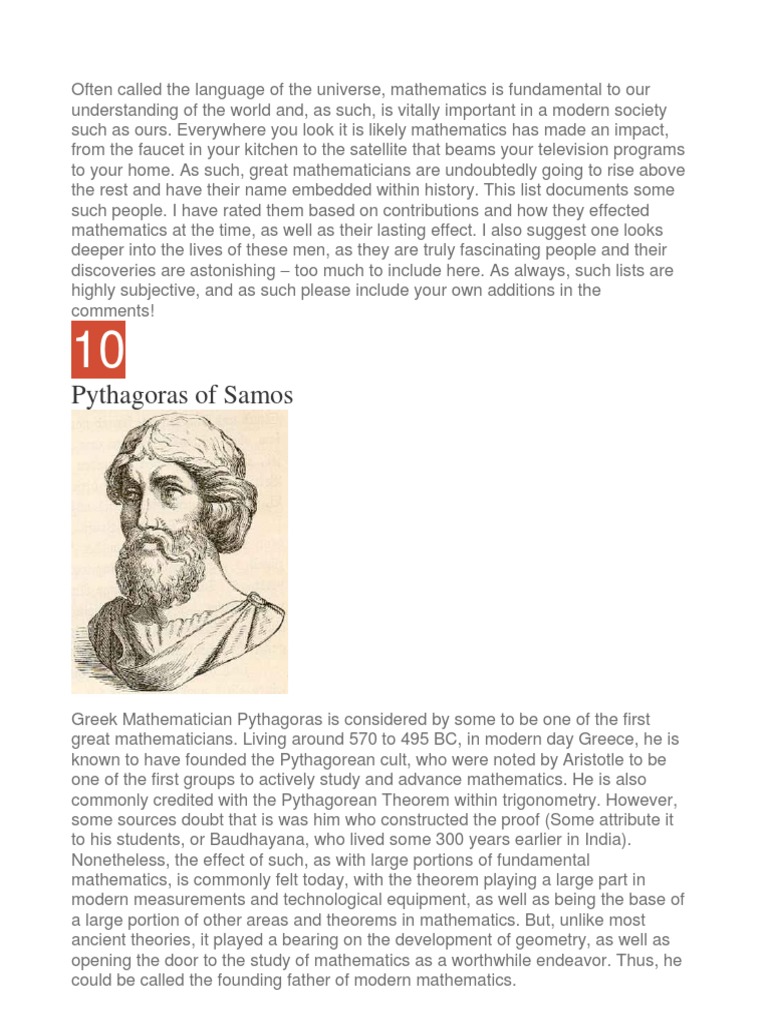 Pythagoras of Samos | PDF | Leonhard Euler | Teaching Mathematics