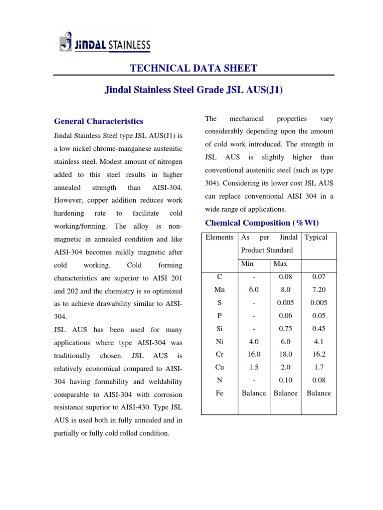Jindal Stainless Steel JSL AUS Data Sheet | PDF | Stainless Steel ...