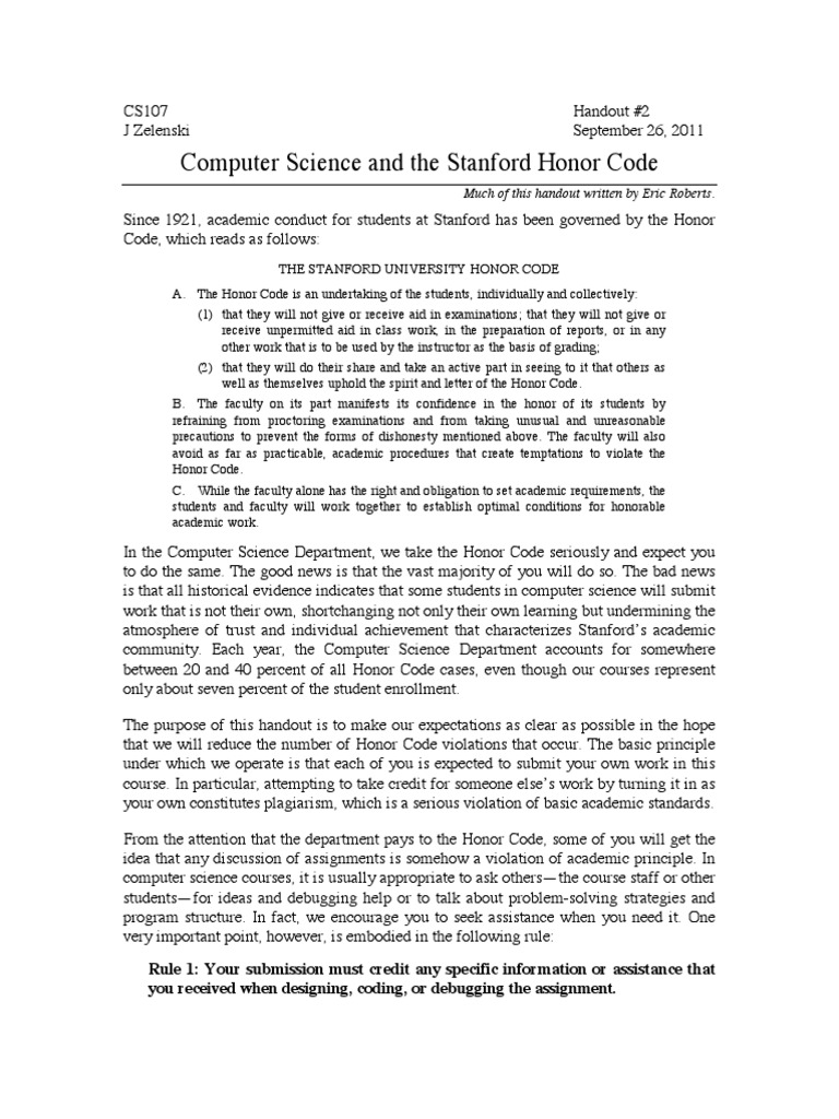 CS107 Handout on Stanford Honor Code and Computer Science Assignments | PDF | Plagiarism ...