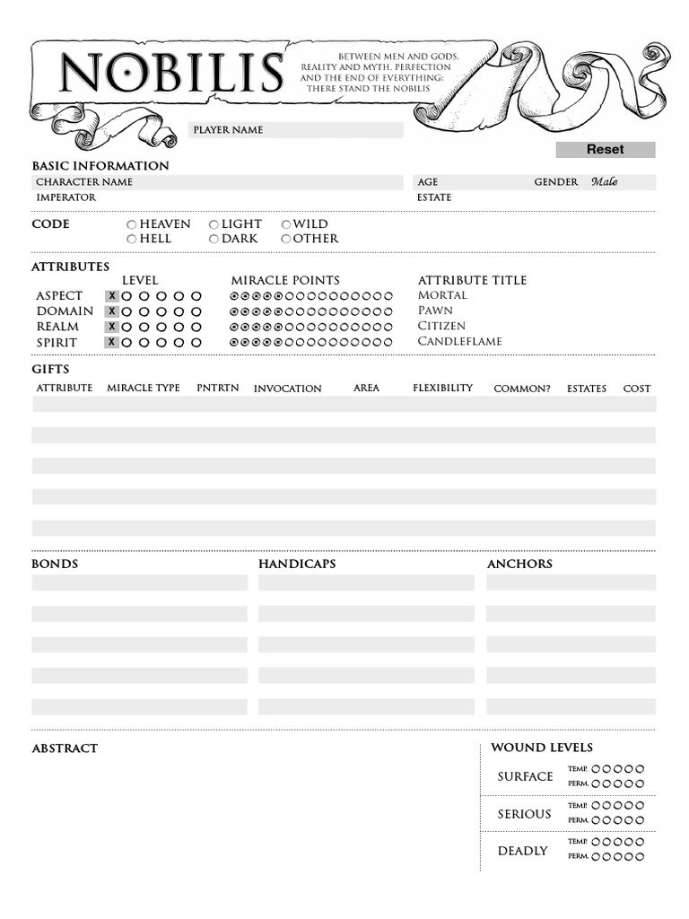 Nobilis 3E Character Information Sheet | PDF