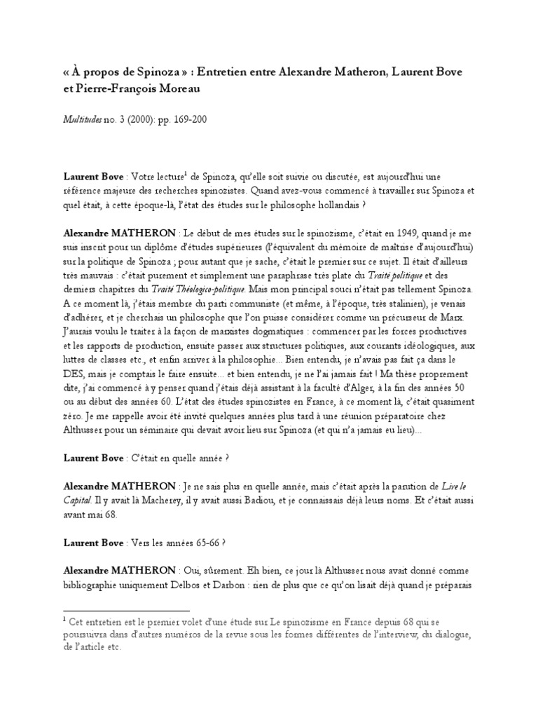 Spinoza Studies: Matheron Interview | PDF | Baruch Spinoza | Essence
