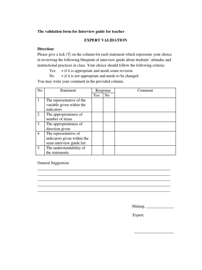 The Validation Form For Interview Guide For Teacher Expert Validation ...
