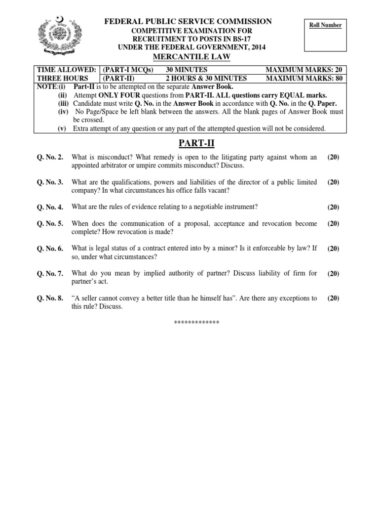 FEDERAL PUBLIC SERVICE COMMISSION EXAM ON MERCANTILE LAW | PDF