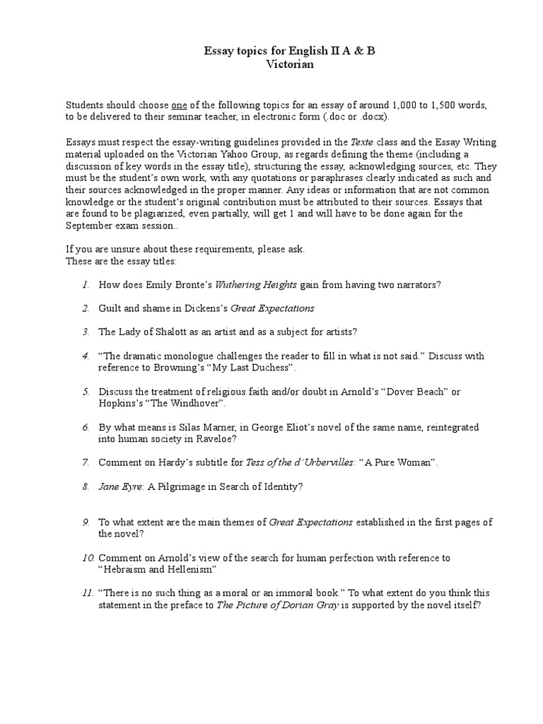 Possible Essays For Victorian Literature | PDF | Victorian Literature ...