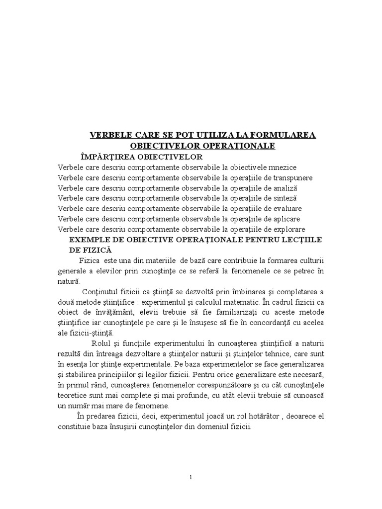 Verbe Utilizate La Formularea Obiectivelor Operationale | PDF