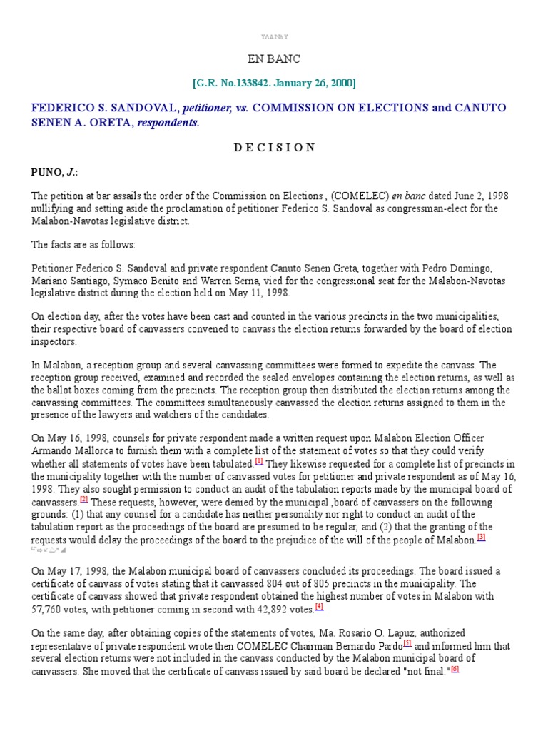 Sandoval Vs Comelec - 133842 | PDF | Commission On Elections ...