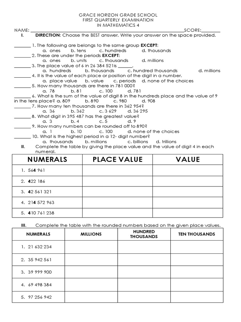 Numerals Place Value Value: I. DIRECTION: Choose The BEST Answer. Write ...