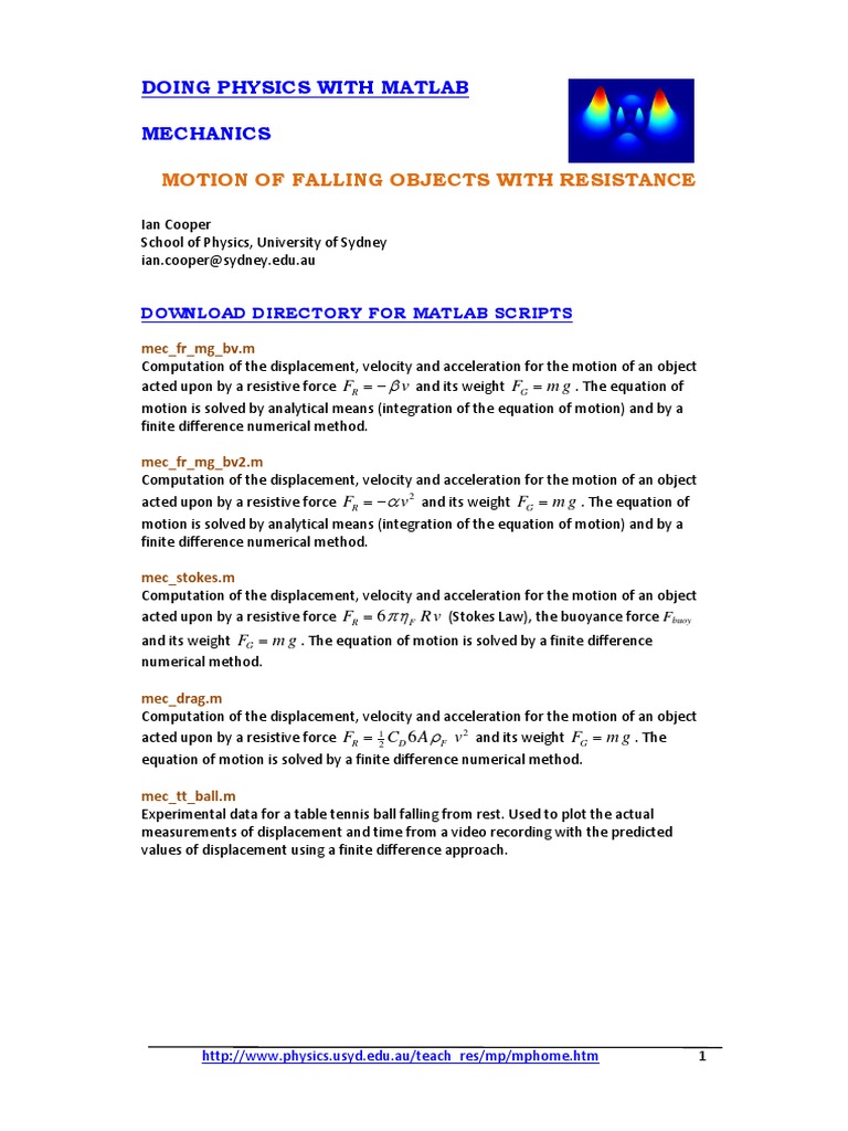 Motion of Falling Objects With Resistance: Doing Physics With Matlab ...
