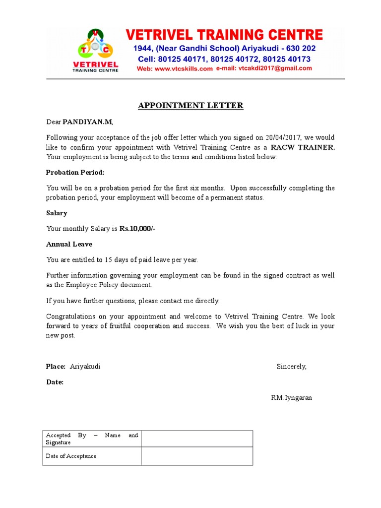 Appointment Letter: Probation Period | PDF | Career & Growth | Finance ...