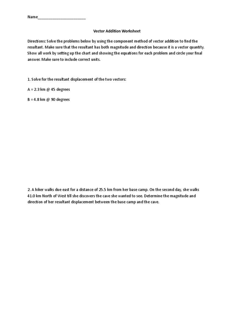 Vector Addition Worksheet | PDF | Teaching Methods & Materials ...